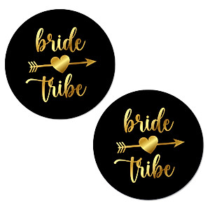 Bride Tribe Round 2 Inch Big Glossy Stickers, Bachelorette Black and Gold Labels, Great for Bridal Shower Party Favors, Decorations, Tags, Gift Bags and Supplies. Made in USA