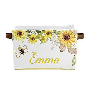 Deven Bee Sunflowers Yellow Personalized Large Storage Baskets for Organizing Shelves with Handle,Closet Decorative Storage Bins for Bathroom,Nursery,Home 1 Pack