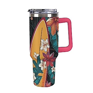 40 Oz Vacuum Tumbler with Light Rose Red Handle Leakproof Insulated Tumbler Surfboard And Flowers Stainless Steel Travel Mug with Lid And Straw Coffee Cup Cute Water Bottles Cup Holder Friendly