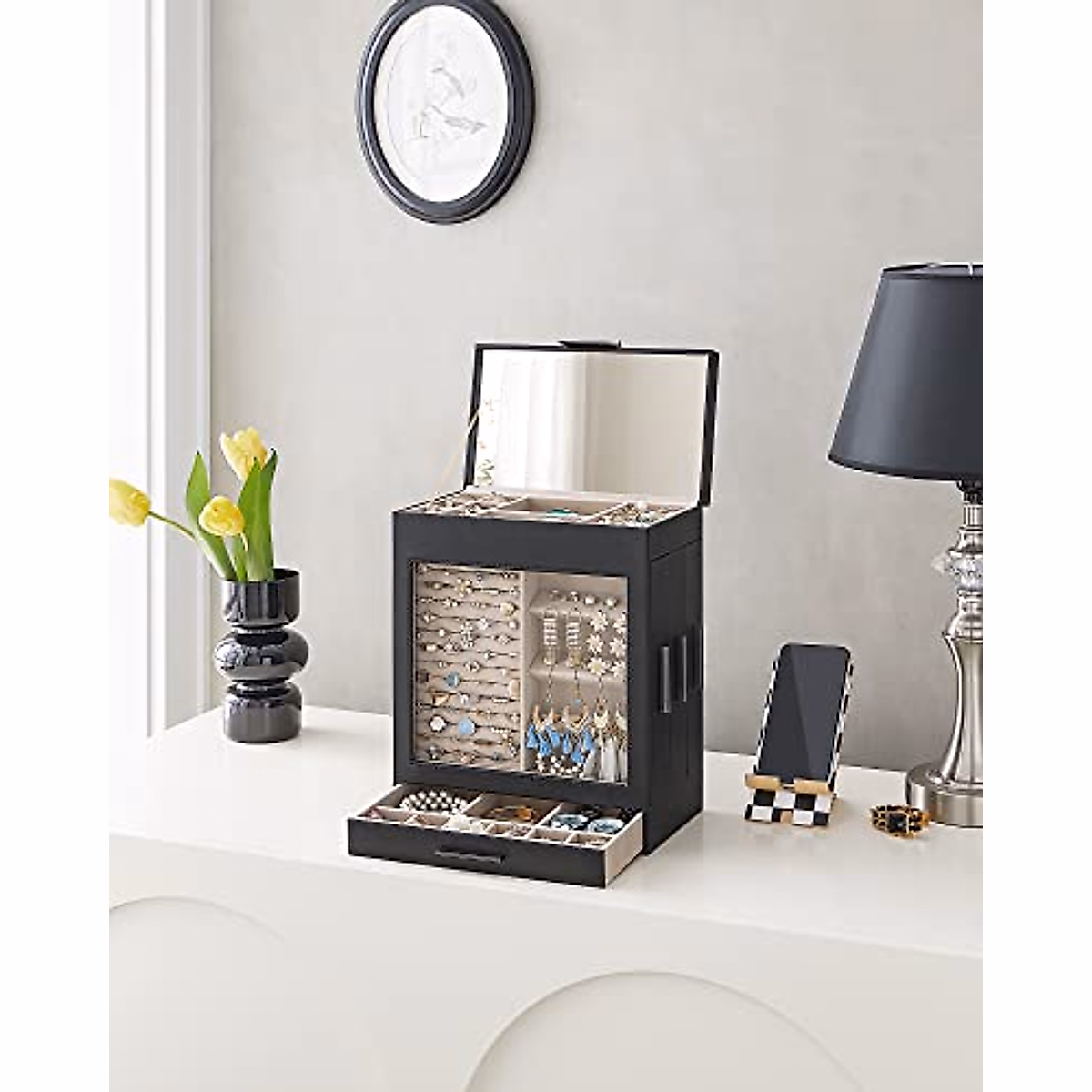 SONGMICS Jewelry Box with Glass Window, 5-Layer Jewelry Organizer with 3 Side Drawers, Jewelry Storage, with Vertical Storage Space, Big Mirror, Modern Style, Graphite Black and Silver UJBC162B01