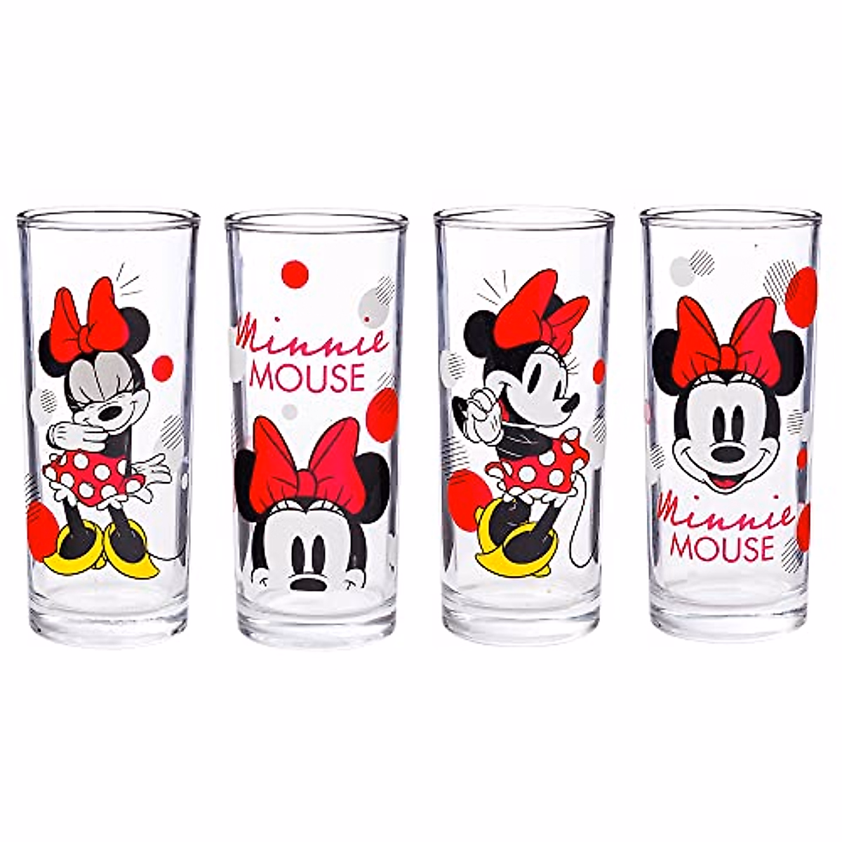 Silver Buffalo Disney Minnie Red Stripe Dots 4 Pack Tumbler Glass Set, 10 Ounces