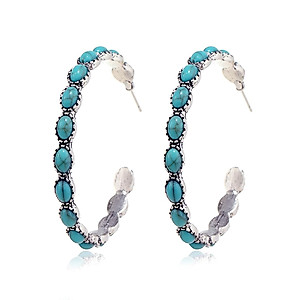 Turquoise Bohemian Metal Hoop Fashion Earring, Silver-Tone Faux Turquoise Hoop Earrings