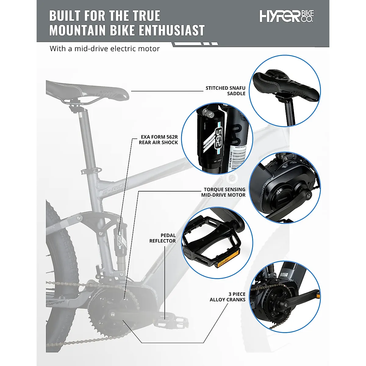 Hyper E-Ride Electric Mountain Bike for Adults 29 Inch. 250w, 36v Battery, Mountain Ebike with Shimano 7-Speed Grip Shifter. Dual Suspension. Rear Air Shock Electric Bicycle for Adults. Matte Grey