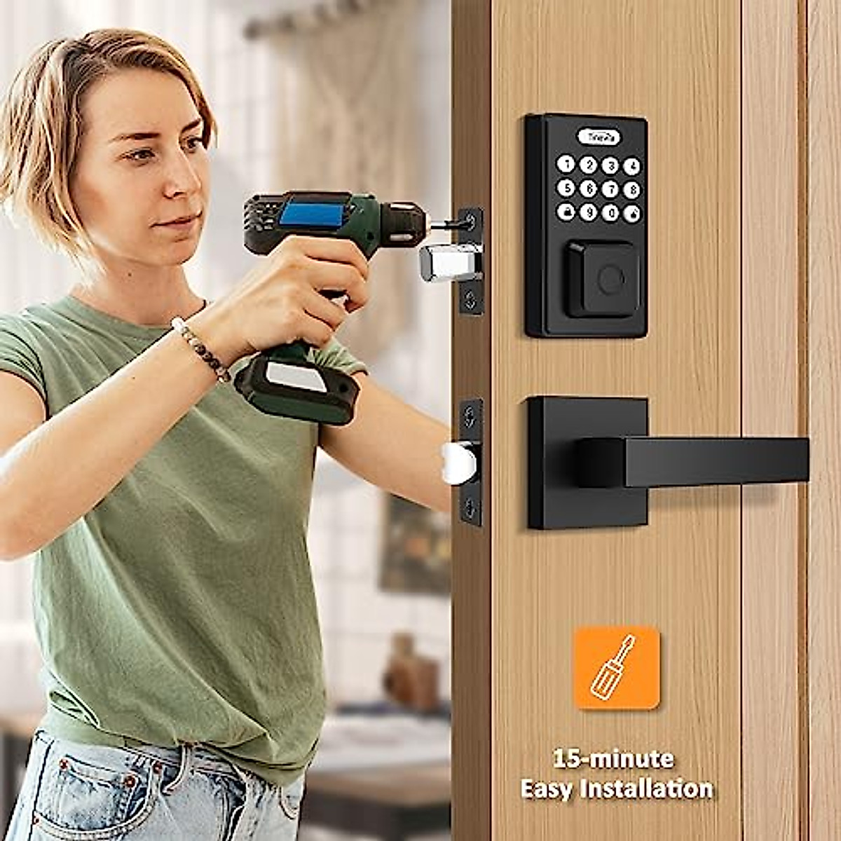 Tinewa Keyless Entry Door Lock with 2 Lever Handles, Fingerprint Entry Door Handleset, Electronic Digital Keypad Deadbolt with App, Auto Lock & One Touch Locking, Front Smart Door Handle Sets, Black