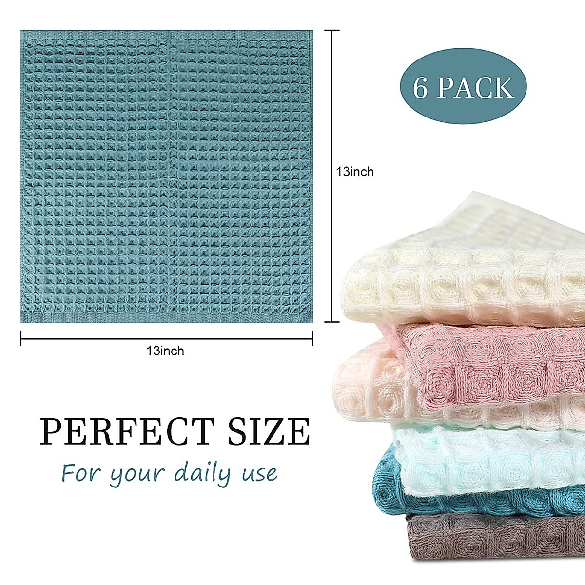 vfaejll 100% Cotton Kitchen Towels Set,Waffle Weave Kitchen Dish Cloth,Super Absorbent Kitchen Dish Towels for Drying Dishes 13x13 Inches Dish Rags for Washing Dishes 6 Pack Mixed Color,Hand Towels