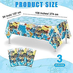 Frienda 3 Pcs Adventure Awaits Tablecloth Bon Voyage World Map Tablecloth Plastic Adventure Disposable Table Cover for Travel Retirement Wedding Graduation, 108 x 54 Inches, Blue