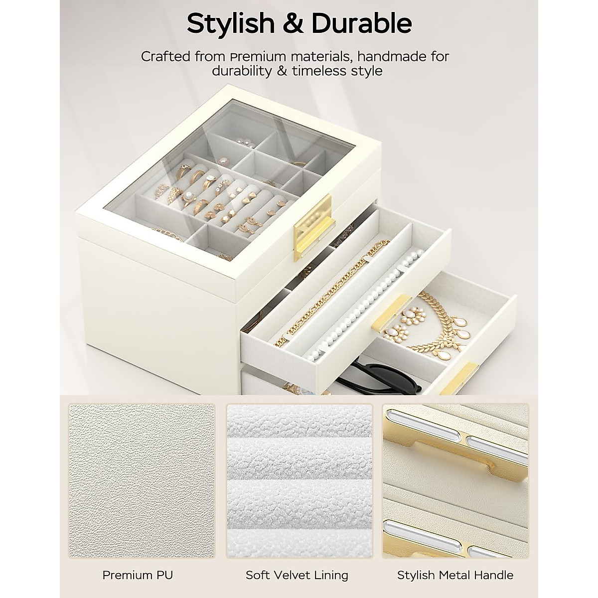 Jewelry Box for Women, 3-Layer Jewelry Organizer with Glass Lid, Flip-Top Leather Jewelry Boxes with 2 Drawers,Earring, Necklace, Ring, Bracelet Organizer Box for Big and Small Jewelry - Cloud White