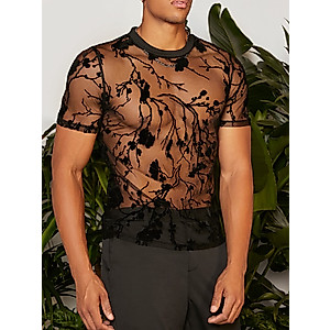 WDIRARA Men's Floral Print See Through Round Neck Short Sleeve Mesh Tshirt Party Top Black XL