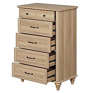 WAMPAT Oak Dresser for Bedroom with 5 Drawers, Tall Kids Dressers with Wide Chest of Drawers, Mid Century Modern Wooden Closet Storage Organizer, Small Dressers for Nursery, Living Room, Hallway