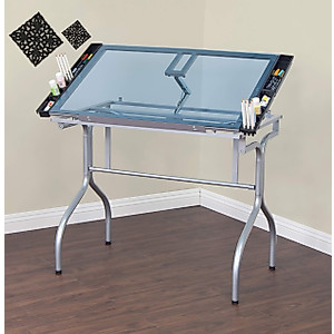 Studio Designs Folding Modern Glass Top Adjustable Drafting Table Craft Table Drawing Desk Hobby Table Writing Desk Studio Desk, 35.25" W x 23.75" D, Silver / Blue Glass