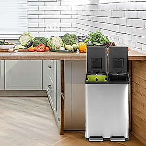 SIMPLI-MAGIC 60 Liter / 16 Gallon Rectangular Hands-Free Dual Compartment Recycling Kitchen Step Trash Can with Soft-Close Lid, Brushed Stainless Steel (30L x 30L Capacity)