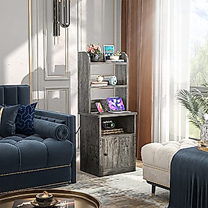 Nightstand with Charging Station and USB Ports, 47" Tall Bedside Table with Adjustable Bookshelf, Industrial End Table Side Table with Storage Cabinet for Home Office, Grey