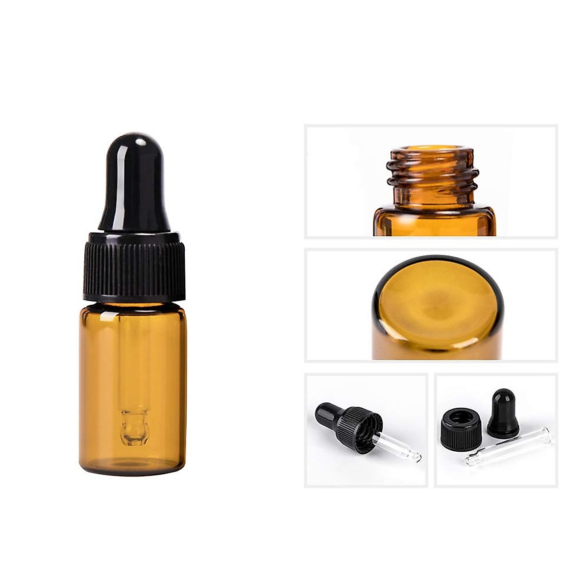 MOTZU 50 Pack 0.1oz(3ml) Amber Glass Dropper Bottles, Refillable Empty Bottle for Essential Oils, Cosmetics, and Cooking, with Glass Eye Dropper and Cap