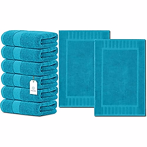 White Classic Luxury Hand Towels | 6 Pack Luxury Bath Mat | 2 Pack Bundle (Aqua)