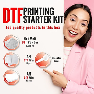 Tuca DTF Powder and Transfer Film for DTF Sublimation Printer, 500G/1.1 lbs White Digital Hot Melt Adhesive applies to All DTF Transfer Printers for Digital Prints on T-Shirts Textile A4/A5 20 Sheets