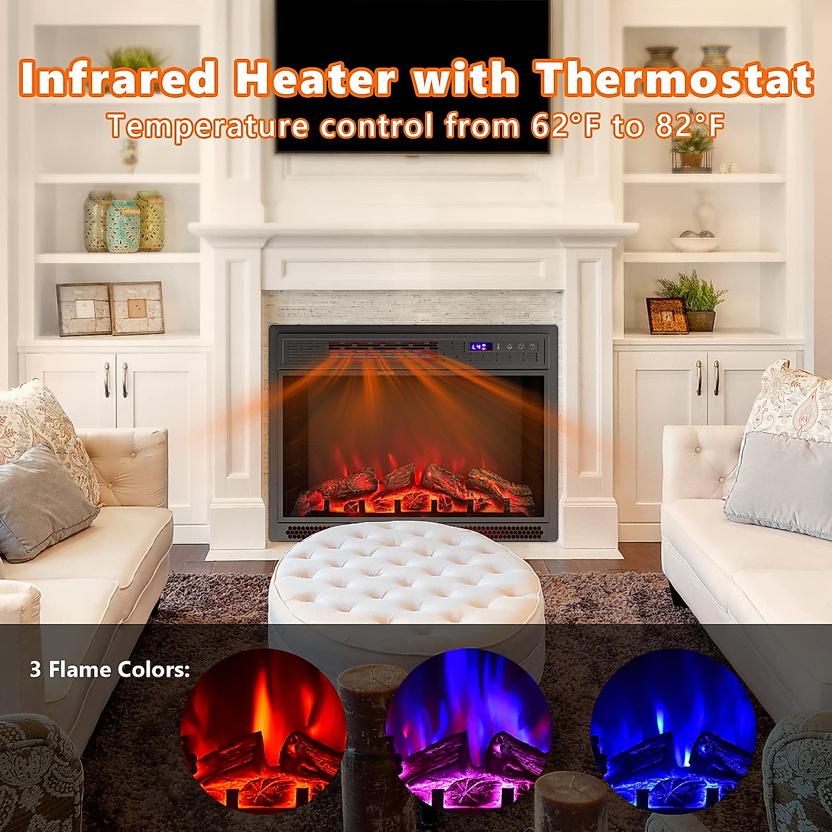 ARLIME 25 Inch Electric Fireplace Inserts in-Wall Recessed and Freestanding Fireplace Heater, 1400W Electric Room Heater Indoor with 3D Adjustable Flame, Remote Control, Thermostat, and Timer