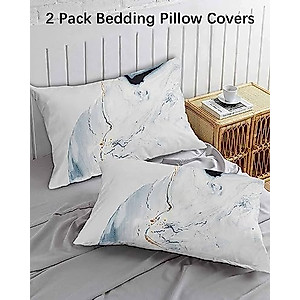 Navy Blue Marble Pillow Covers Standard Size Set of 2 Bed Pillow, Modern Yellow Lines Abstract Art Aesthetics Plush Soft Comfort for Hair/ Skin Cooling Pillowcases with Envelop Closure 20''x26''