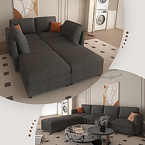 PDNOSC Modern Large Sectional Sofa, U-Shape Modular Sectional Sleeper Sofa with Storage,123" Sofa Bed with Ottoman,6 Seat Sectionals Chaise for Living Room,Chenille (Gray)