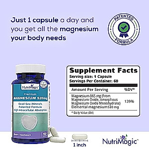NutriMagic Elemental Magnesium 520mg Patented High Absorption, Natural Dead Sea Mineral Complex from Magnesium Oxide for Heart, Muscle, Bone, Brain Health Support, 1 Capsule Per Day, 60 Vegan Capsules