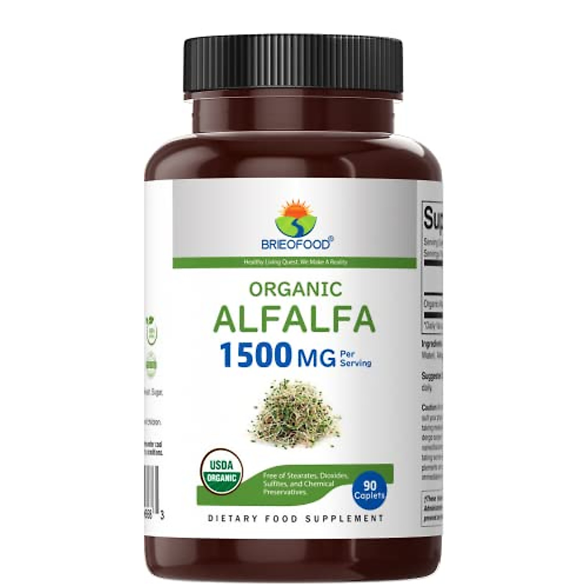 Brieofood Organic Alfalfa 1500mg, 45 Servings, Vegetarian, Gluten Free, 90 Vegetarian Tablets