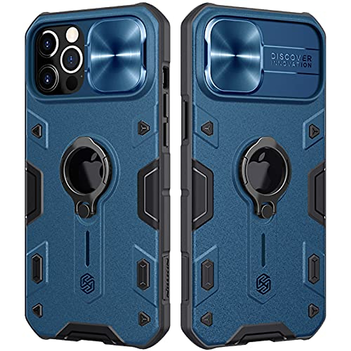 CloudValley for iPhone 12 Pro Max Case with Camera Cover & Kickstand, Slide Lens Protection + 360° Rotate Ring Stand, Impact-Resistant, Shockproof, Protective Bumper, Blue Armor Style