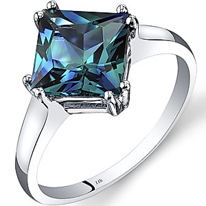 PEORA Created Alexandrite Classic Solitaire Ring for Women in 14K White Gold, Color Changing 2.75 Carats Princess Cut 8mm, Comfort Fit, Size 6