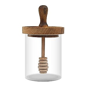Glass Honey Pot, Home Kitchen Honey Jar with Wooden Dipper and Lid, Honey Container for Storing and Dispensing Bee Honey 13 oz
