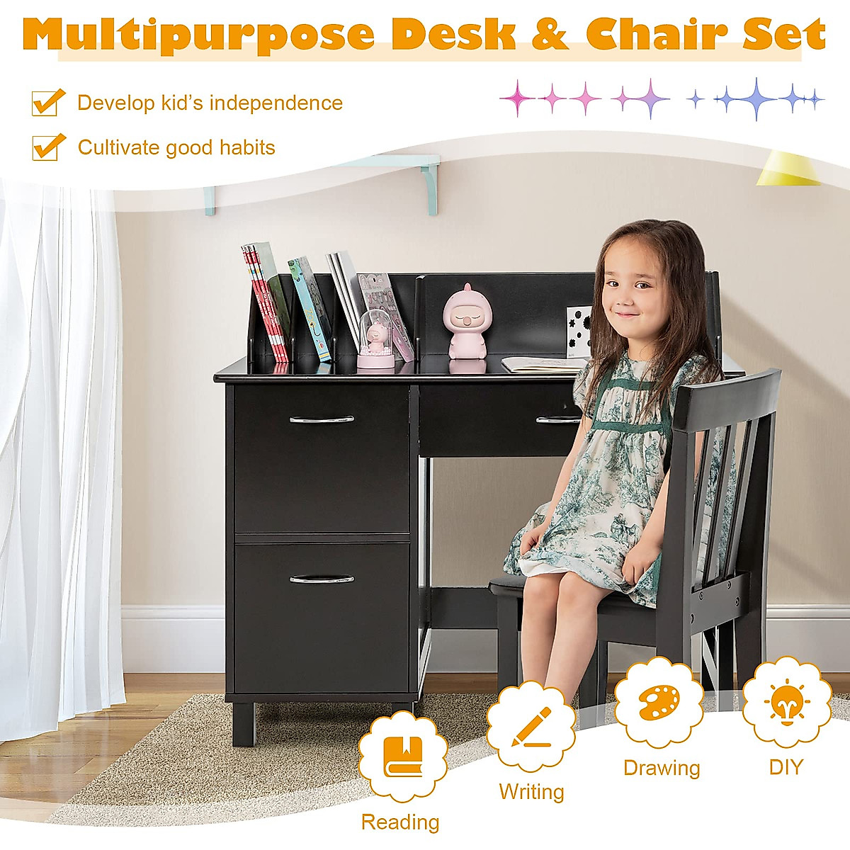 Costzon Kids Desk and Chair Set, Wooden Children School Desk with Hutch, Storage Drawer, Cabinets, Student Writing Desk for 3-8 Years Old, Kids Study Desk for Bedroom, Study Room (Dark Brown)