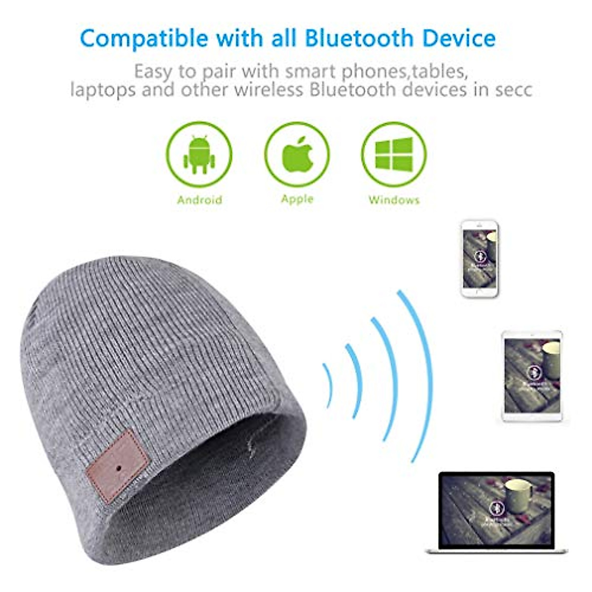 BearsFire Wireless Music Hat Beanie Compatible with Bluetooth Headphone Stereo Speaker Mic, Winter Warm Thick Skull Hat Washable Knit Running Cap for Men Women Outdoor Sports (Light Grey)