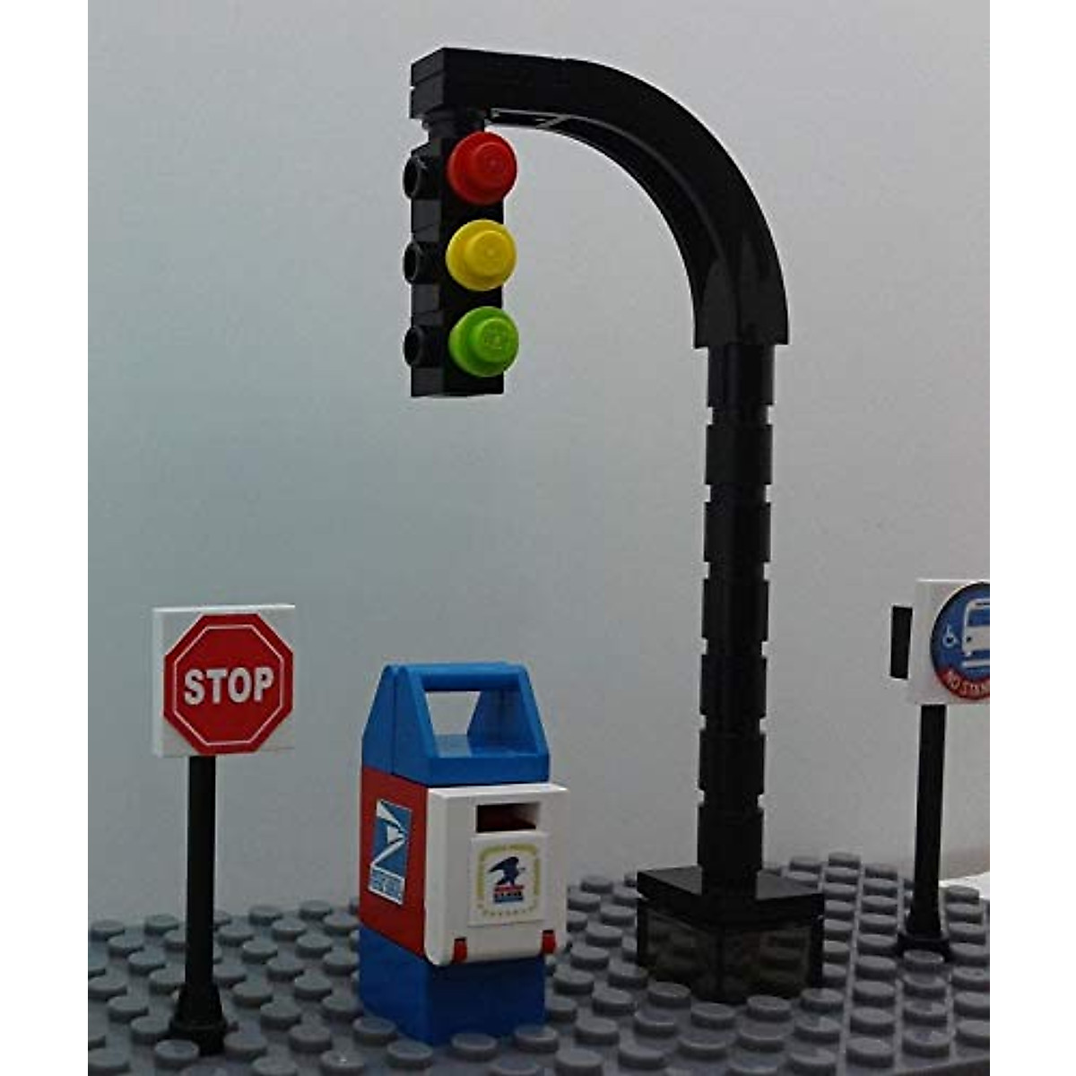 Building Bricks Toys City Town Village Street Main Road Arch Traffic Light, Stop Sign, Bus Stop, Post Box, Road Sign, 4 PCS Playset. for Kids 4+ Plastic