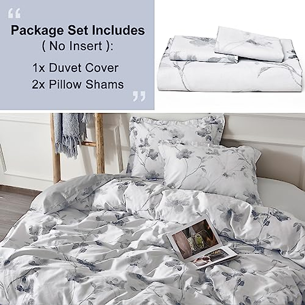 PHF 100% Cotton Printed Duvet Cover Queen Size, 3 Pieces Soft Breathable Duvet Cover Set for All Season, Stylish Floral Pattern Smooth Comforter Cover with 2 Pillow Shams, 90" x 90", White Grey-Floral