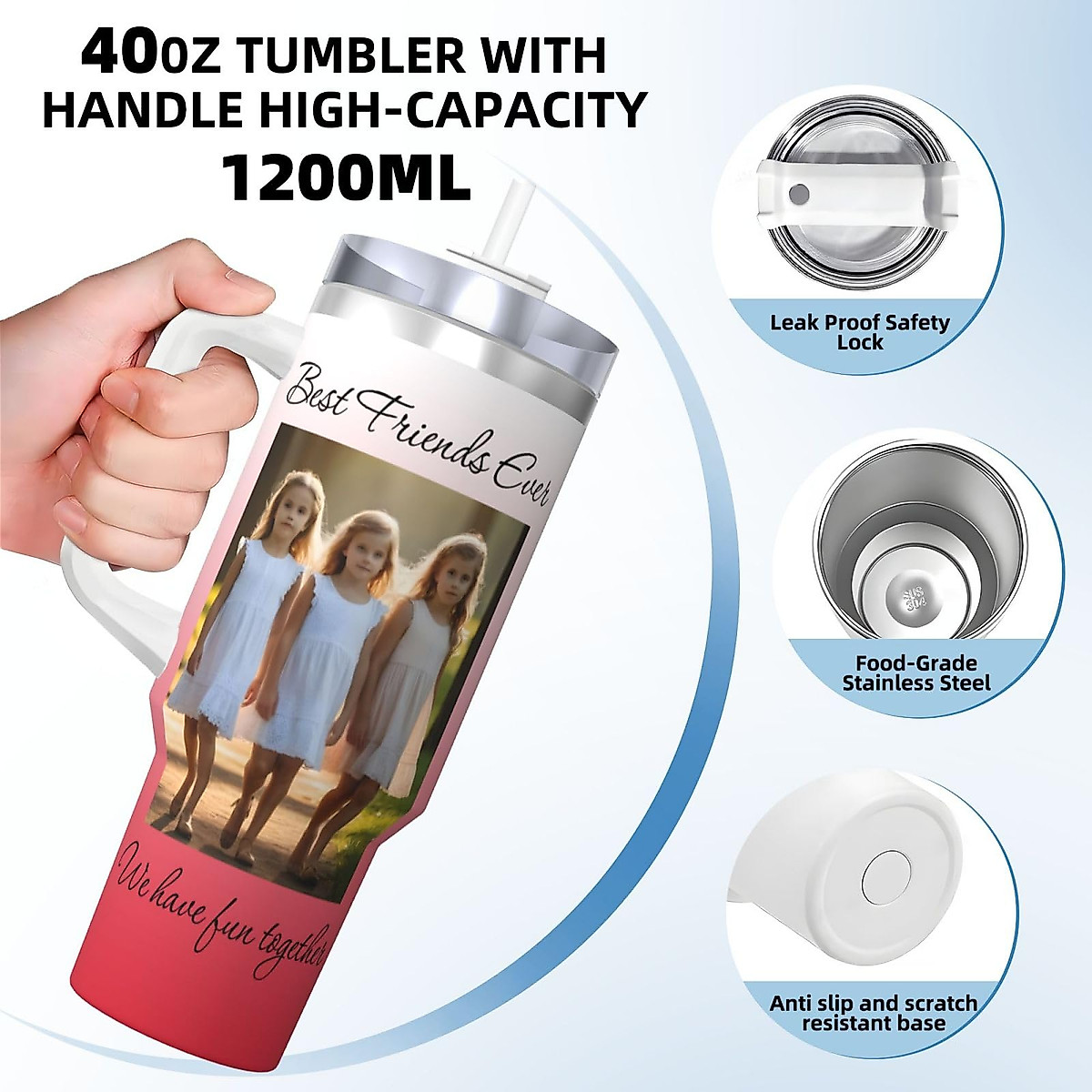 Mount Hour Custom Personalized Photos Stainless Steel Ice Bully Cup with Handle Lid Straw 40 OZ, Design Logo Text Name Travel Coffee Cup, Funny Presents for Birthday