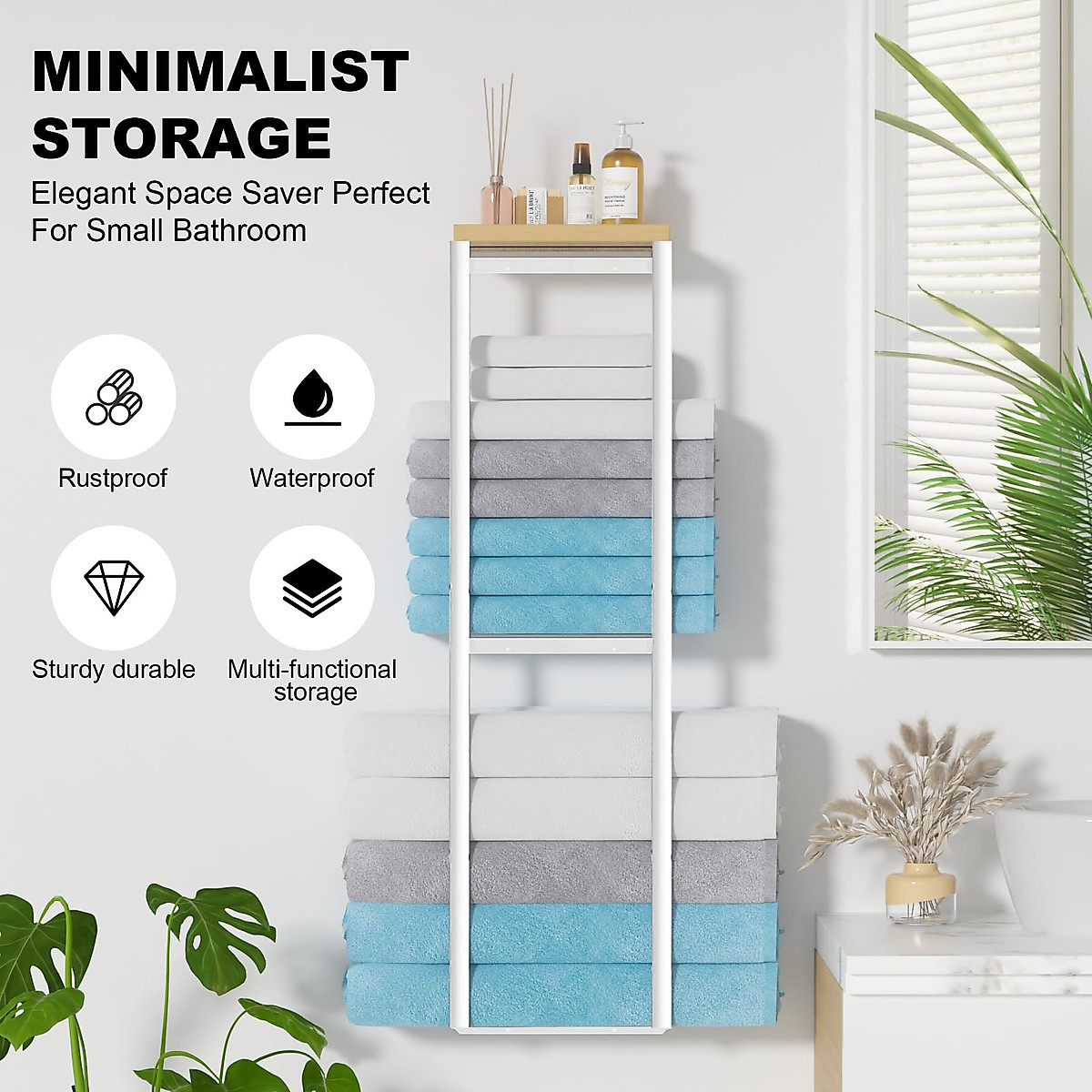 Rolled Towel Racks for Bathroom Wall Mounted, Wall Towel Rack for Large Bath Rolled Towels, Metal Wall Towel Holder Mounted Towel Storage for Small Bathroom (White, 2 Tier)