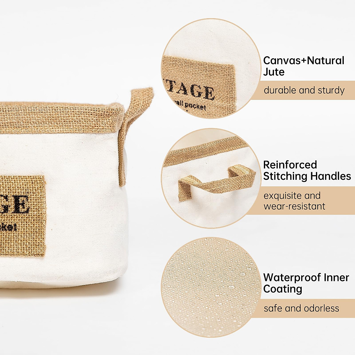 LUFOFOX 3-Pack Storage Baskets for Organizing,Jute Woven Handles Baskets Decorative Small Baskets,Fabric Baskets for Shelf Closet,White,10.6"*8.7"*6.3" (Small)