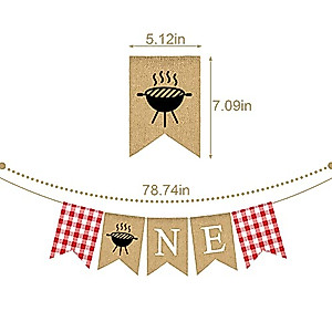 Pudodo Jute Burlap BBQ Themed One High Chair Banner with Grill Barbecue 1st Birthday Party Garland Decoration