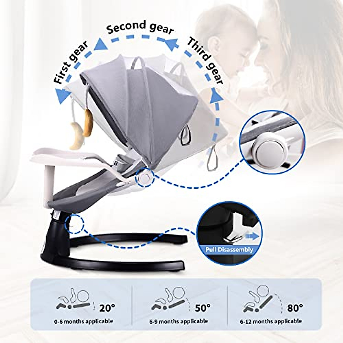 ZRWD Baby Swing for Infants, 5 Speed Electric Bluetooth Baby Rocker for Newborn, 3 Timer Settings & 10 Pre-Set Lullabies, Portable Baby Swing with Tray and Remote Control for 5-26 lbs, 0-12 Months