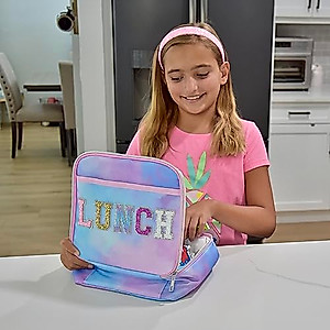 FROG SAC Kids Lunch Bag for Girls, Reusable Insulated Preppy Tie Dye Glitter Varsity Letter Patch Lunch Box, Cute Soft Back to School Tween Lunchbox