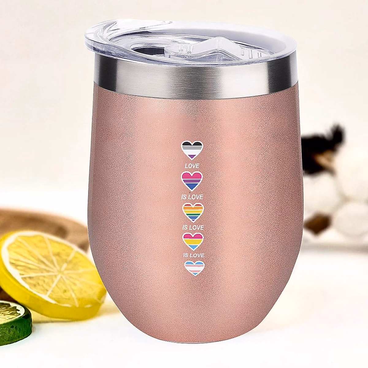 Mighun Love Is Love Pansexual Bisexual Lgbtq Wine Tumbler with Lid, Pride Parade LGBT Vacuum Coffee Tumbler, Gay Pride Stemless Insulated Wine Glasses Cup for Champaign, Cocktail, Beer