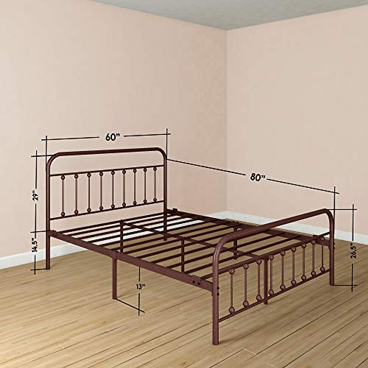 AMBEE21 Vintage Queen Metal Bed Frame with Headboard and Footboard Platform/Wrought Iron/Heavy Duty/Solid Sturdy Metal Slat/Rustic Brown/No Box Spring Needed/Industrial & Farmhouse