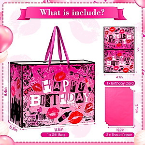 11.8”Large Pink Gift Bag for Girls Birthday, Happy Birthday Gift Bag with Greeting Card Tissue Paper Pink Black Women Birthday Gift Wrapping Paper Bags for Girl Birthday Decorations Party Supplies