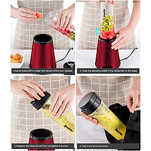 ICOOKPOT Smoothies Blender Electric Personal Size Blender for Shakes and Smoothies Frozen Fruit Vegetable Juice Blender Baby Food Maker With 2 BPA-Free Portable Sport Bottles 300W, Red