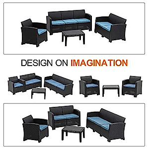 MCombo 7pcs Patio Furniture Set All-Weather Outdoor Sectional Sofa Rattan Pattern Patio Conversation Set w/Seat Cushions 6050-800 (Blue)