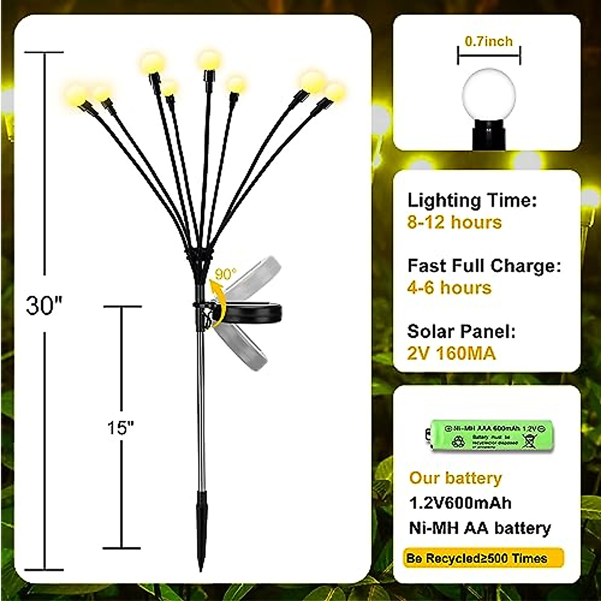 4 Pack Solar Firefly Garden Lights with Seperator, HXWEIYE 8LED Swaying Solar Lights Warm White with 2 Lighting Modes, Sway at Breeze. Waterproof Solar Outdoor Lights for Outside,Patio,Yard,Xmas