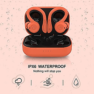Orange Wireless Earbuds with Earhooks Bluetooth Earbuds with Ear Hook Waterproof Sport Headphones Noise Cancelling Ear Buds with Microphone Long Battery Life Earphones for Running Workout Android iOS