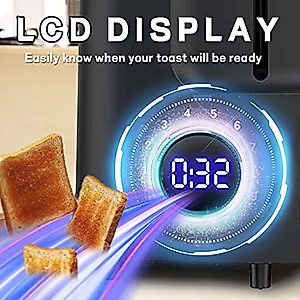 Toaster 2 Slice Wide Slot Toaster Best Rated Prime Displav Smart Toasters with LCD Digital Countdown Timer and Bagel/Defrost/Cancel/Reheat Function