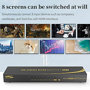 eKL KVM Switch, 8 Port v1.4 HDMI KVM Switch Supports Hotkeys Swapping 4K@30Hz 1080p 3D, 8 in 1 Out 8 PCs Sharing with One Set of Keyboard and Mouse
