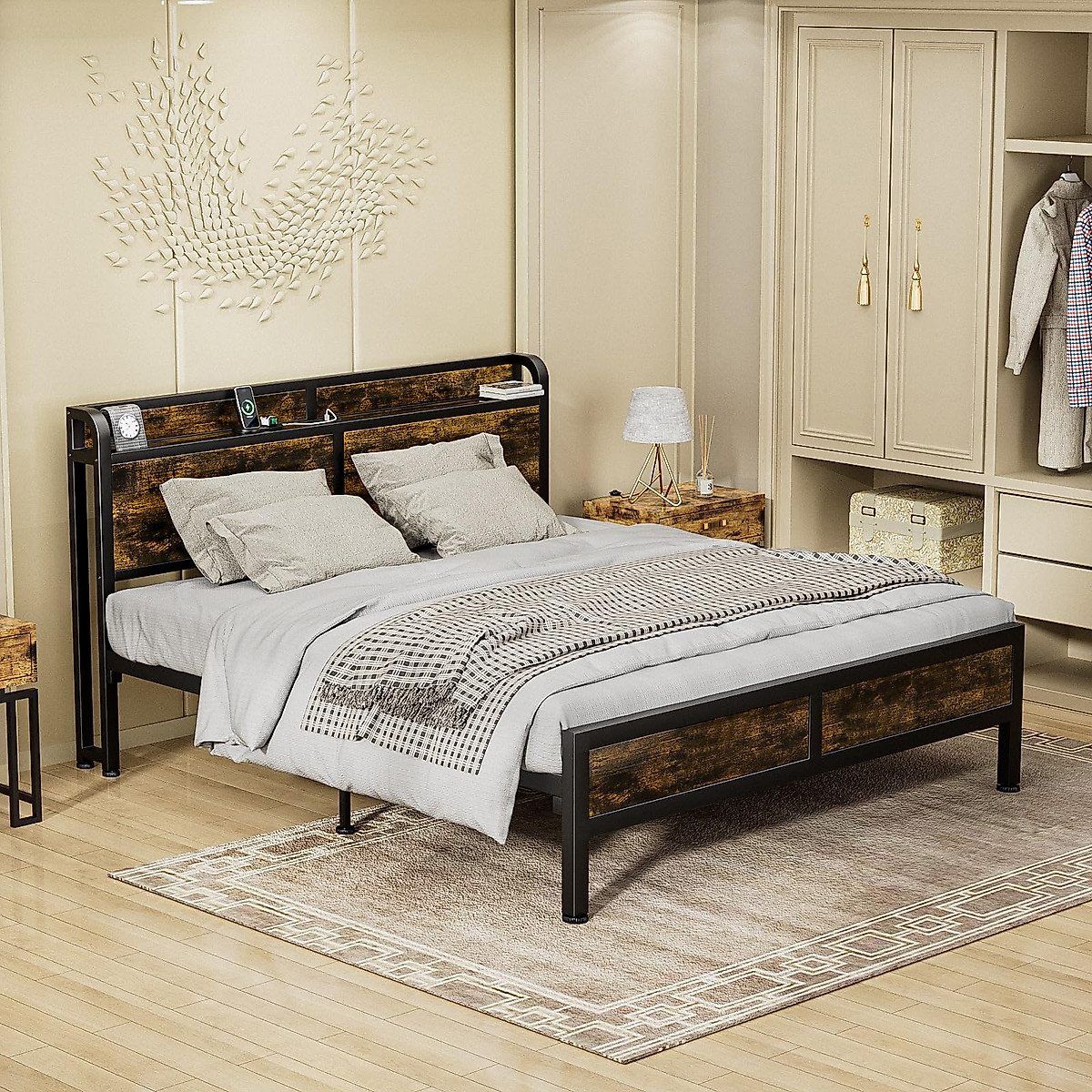 AnikSunny Queen Size Bed Frame - Metal Platform Bed Frame with Wood Storage Headboard Charging Station,Heavy Duty Bedframe, No Box Spring Needed,Solid and Easy Assembly,Rustic Brown
