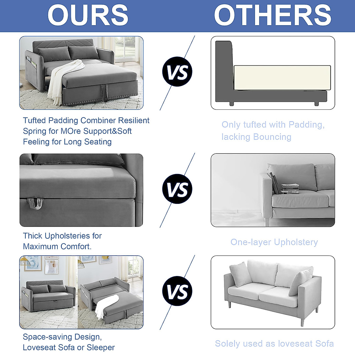 SumKea Loveseat Sleeper Sofa Beds, Pull Out Couch, 55'' Velvet 3 in 1 Sofa Cama Adjustable Back with 2 Pillows & Side Pocket, Ideal for Living Room and Bedroom, Grey