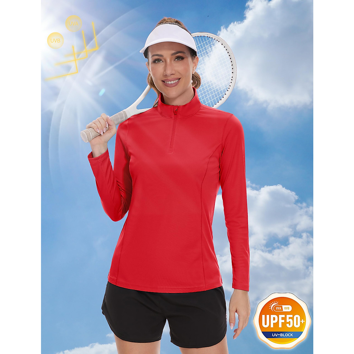 TACVASEN Women's Athletic Shirts Red Quarter Zip Pullover Womens UV Protection Shirts Rash Guard for Women Quick Dry, L
