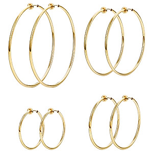 LOYALLOOK 4 Pairs Stainless Steel Clip On Hoop Earrings for Women Fake Hoop Earrings Spring Hoop Earrings For Non-Pierced Ears
